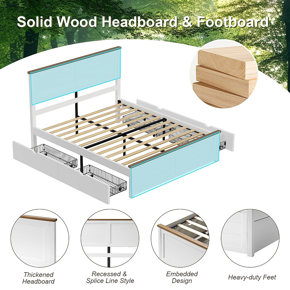 LUXOAK Queen Size Farmhouse Bed Frame with Headboard and 4 Sliding Drawers, Wooden Barn Door Panel Platform Bed with Wood Slats, Heavy Duty Mattress Foundation, Non-Slip & Noise-Free, Antique White