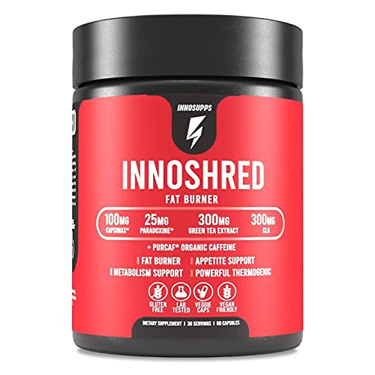 Inno Shred - Day Time Fat Burner | 100mg Capsimax, Grains of Paradise, Organic Caffeine, Green Tea Extract, Appetite Suppressant, Weight Loss Support (60 Veggie Capsules) | (with Stimulant)