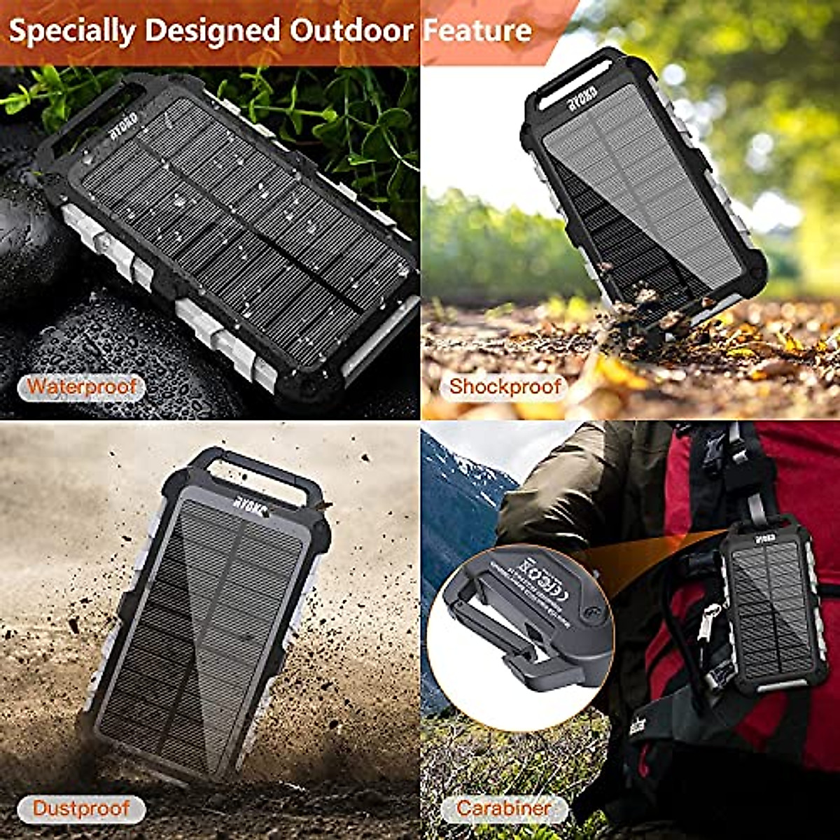 Ryoko Solar Charger Power Bank 20000mAh, Solar Phone Charger with Dual USB 5V Output, 10 LED Flashlights, Waterproof Outdoor Battery Pack for iPhone, Samsung, Switch, Tablet