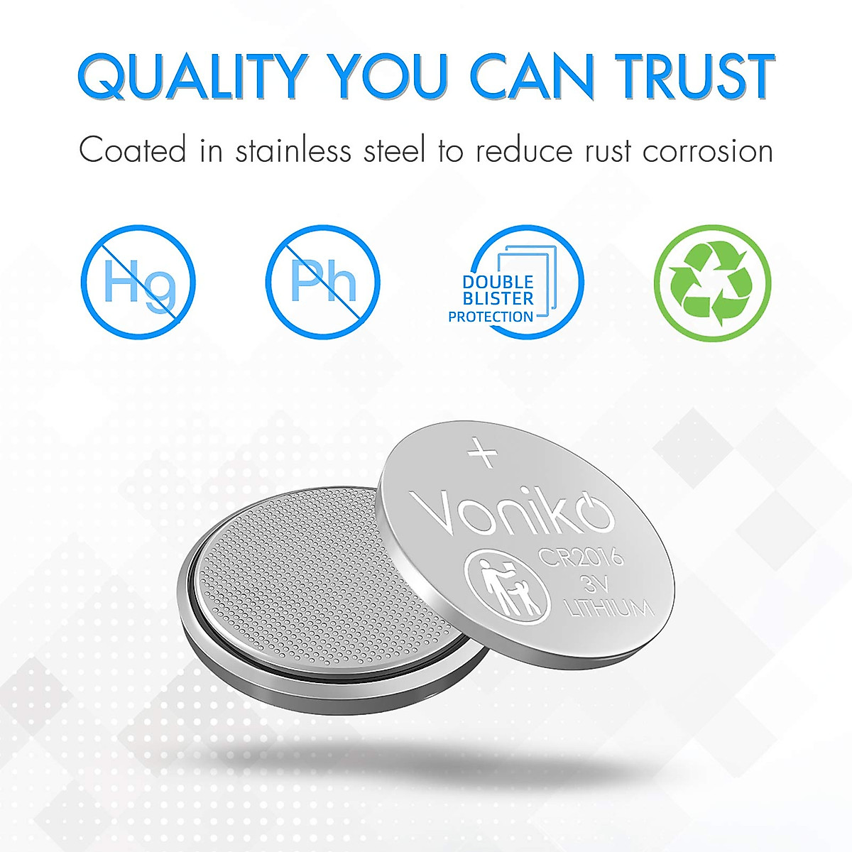 Voniko 3 Volt 2016 Battery 6 Pack – Button Cell 2016 Batteries – Lithium CR2016 3 Volt Coin Battery – Child-Protection Packaging, 7 Years Shelf Life