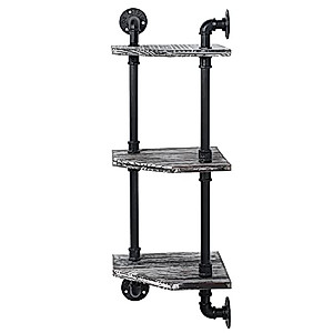 MyGift Wall Mounted 3 Tier Rustic Torched Solid Wood Corner Shelf Unit, Hanging Display Bathroom Shelves with Industrial Metal Pipe Frame