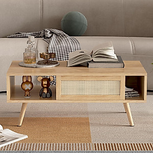 Forsho Rattan Coffee Table Mid Century Modern Coffee Table with Storage 41.3 Inch Wooden Accent Center Sofa Table with Sliding Woven Door Panel and Solid Wood Legs Perfect for Living Room
