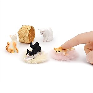 iland Cat Figurines, Dollhouse Cats w/ 1/12 Scale Accessories, Realistic Hand Painted Mini Cat Decor, Cat Cake Toppers