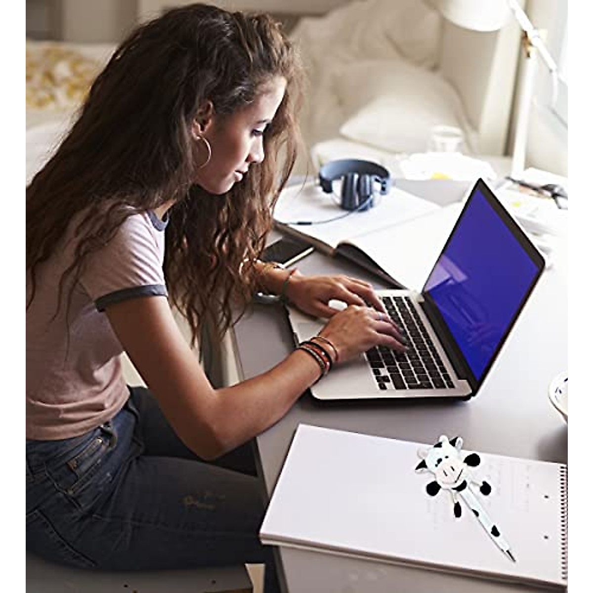 DolliBu White Cow Plush Pen - Cute & Soft Farm Life Stuffed Animal Ballpoint Novelty Pen Toy, Writing Pen Instrument For Cool Stationery School & Office Desk Decor Accessories for Kids & Adults