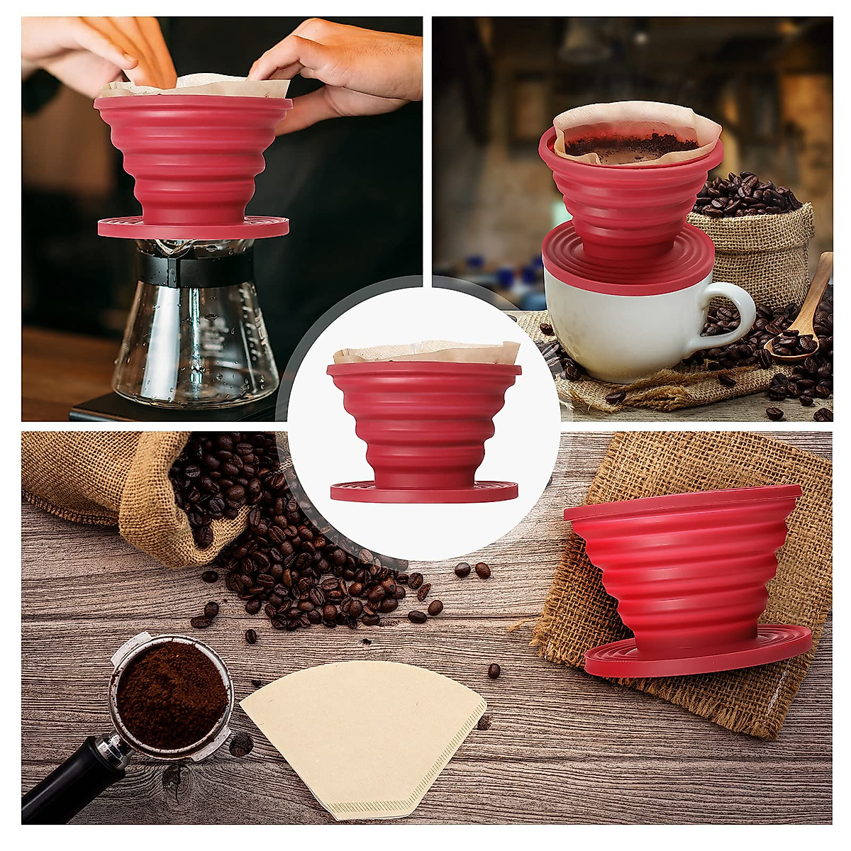2 Pieces Collapsible Coffee Dripper Easy Red Manual Coffee Brew Maker with 80 Pieces Unbleached Paper Filters Paper Coffee Filter Reusable Silicone Coffee Dripper for Hiking, Camping, Home, Office