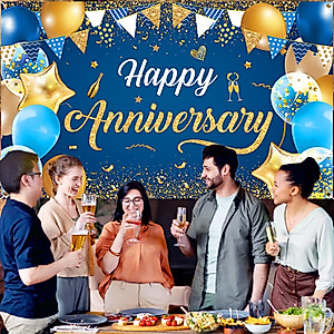 Blue Happy Anniversary Decorations Banner | Navy Blue Gold Happy Anniversary Backdrop | Happy Anniversary Sign for Women Men Wedding Anniversary Decorations Party Poster Supplies Decor 72.8x43.3 Inch