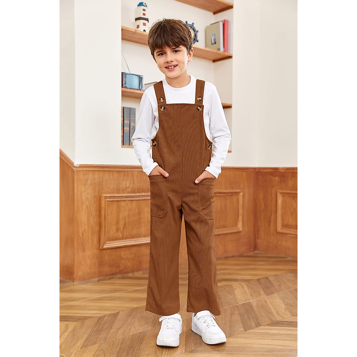 Ciaorbis Kids Girl Boy Corduroy Overall Solid One-Piece Pants with 2 Pocket Suspender Trousers 4-6Years