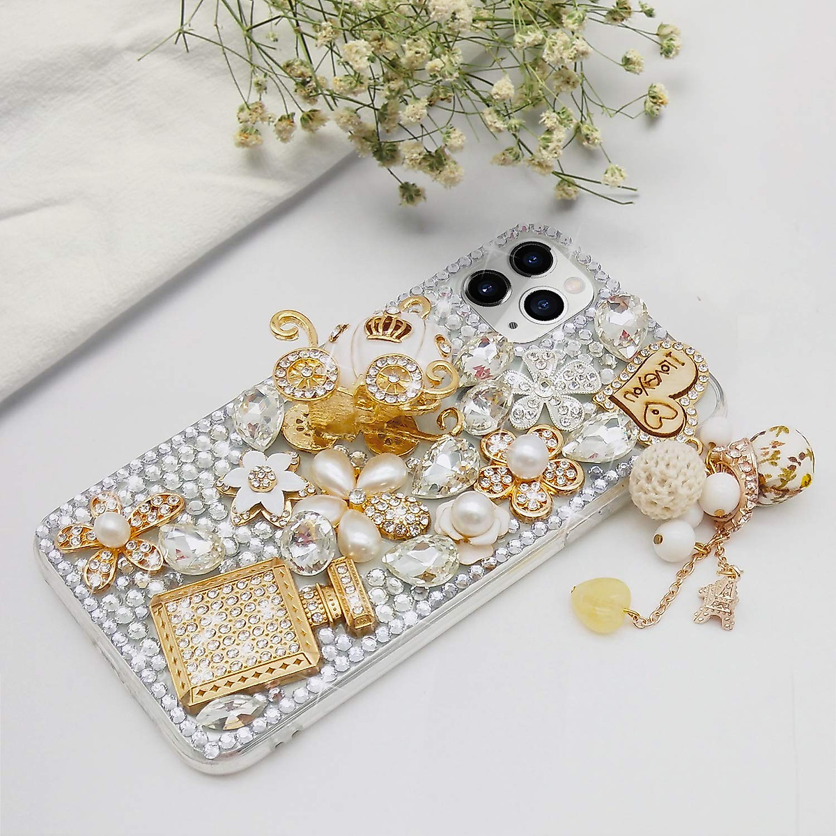 Guppy for iPhone 11 Pro Max Case Women Luxury 3D Bling Shiny Rhinestone Diamond Crystal Pearl Handmade Pendant Iron Tower Pumpkin Car Flowers Soft Protective Anti-Fall Case for iPhone 11 Pro Max