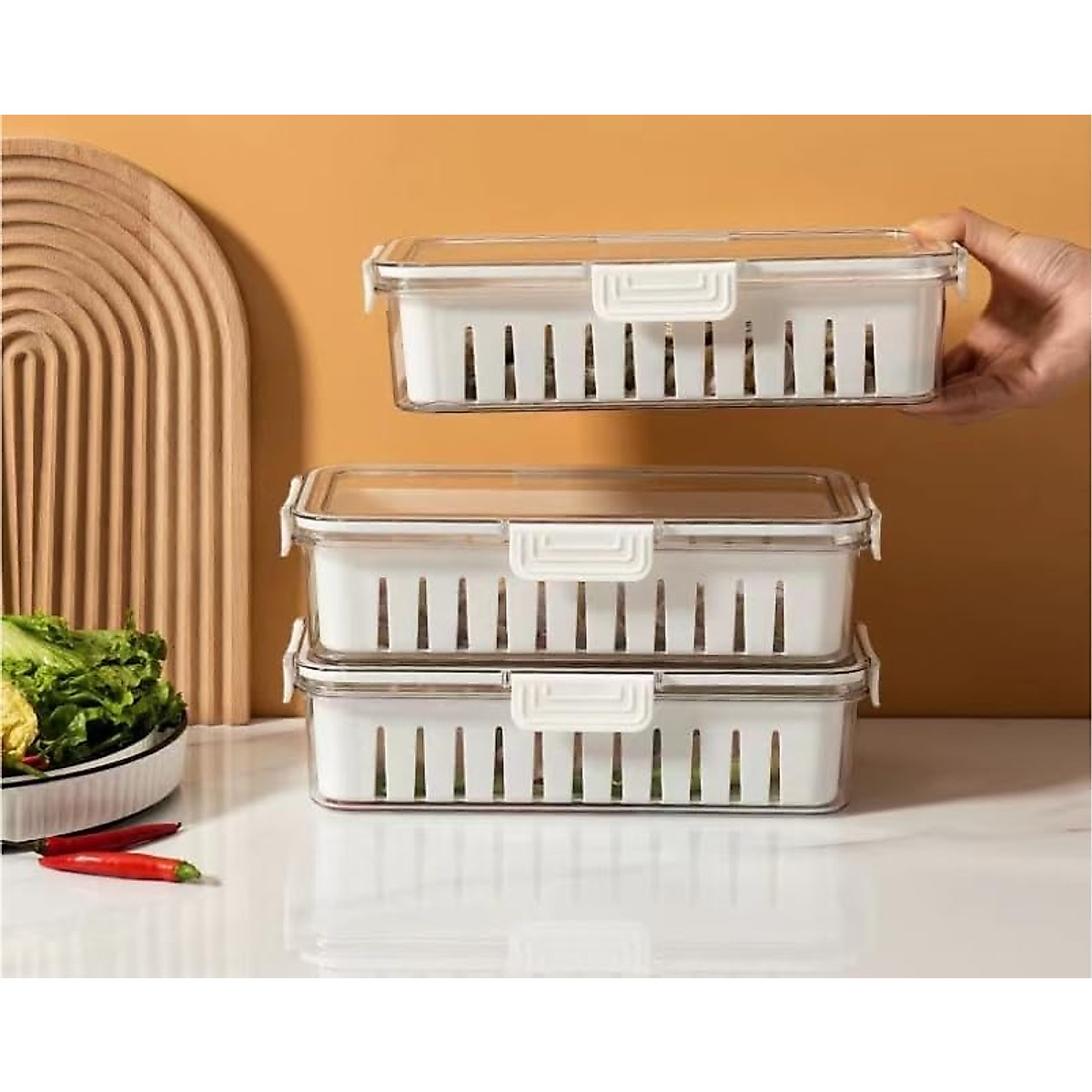 Frianchlly 1PCS Produce Saver Rectangular Food Storage Container, White, 11.5 x 3 x 3 Inches, Airtight, Leak Proof, Reusable, Durable, Dishwasher Safe