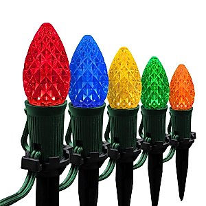 50’ OptiCore LED C7 Multicolor Christmas Pathway Lights, C7 Landscape Lights, 4.5” Stakes, Green Wire Plug String Lights