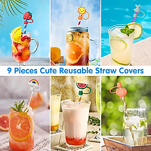 Yanmucy 9 Pieces Straw Cover Cute Reusable Silicone Straw Topper Fruit Plant Animals Dust-proof Straw Plugs for 6-8 mm Drinking Straws (1)