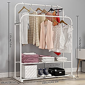 GGQQ Clothes Garment Rack with Shelves,Metal Double Rod Clothes Hanger Rack,Rolling Garment Rack for Hanging Clothes,Stand Clothes Drying Rack with Wheels(41”,White).
