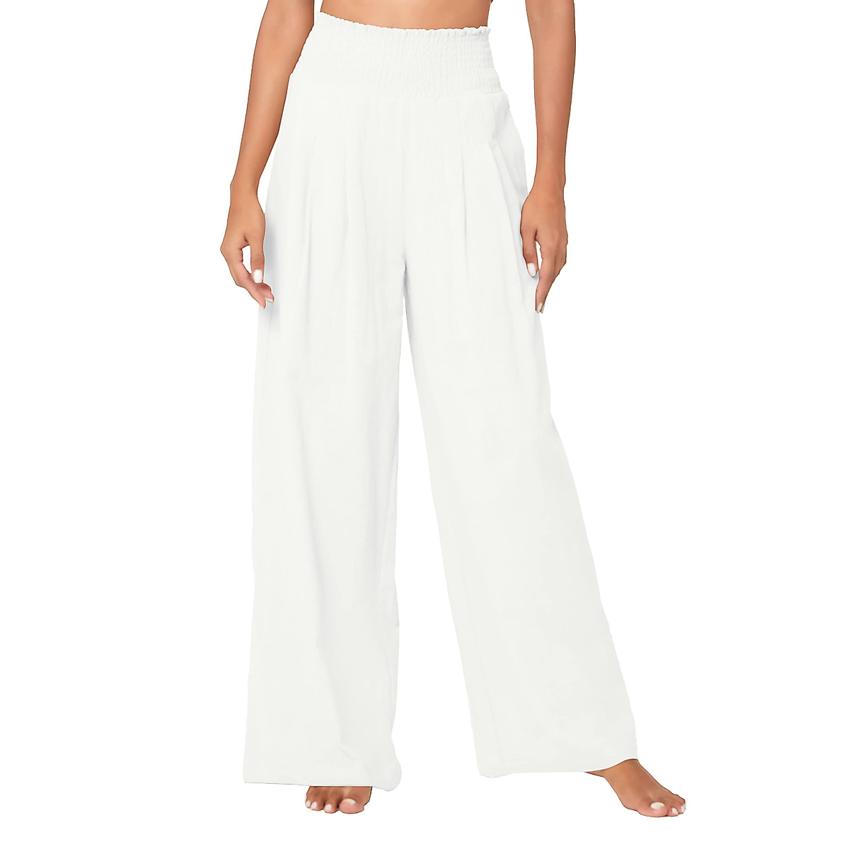 Urban CoCo Women's Elastic High Waist Light Weight Loose Casual Wide Leg Trousers Long Pants with Pocket (XL, White)