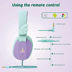 Riwbox Kids Headphones Wired,CS6 Stereo Sound Foldable Headphones for Kids Over Ear Toddler Headphones with Mic and Volume Control Compatible for Smartphones, PC and Tablets (Purple&Green)