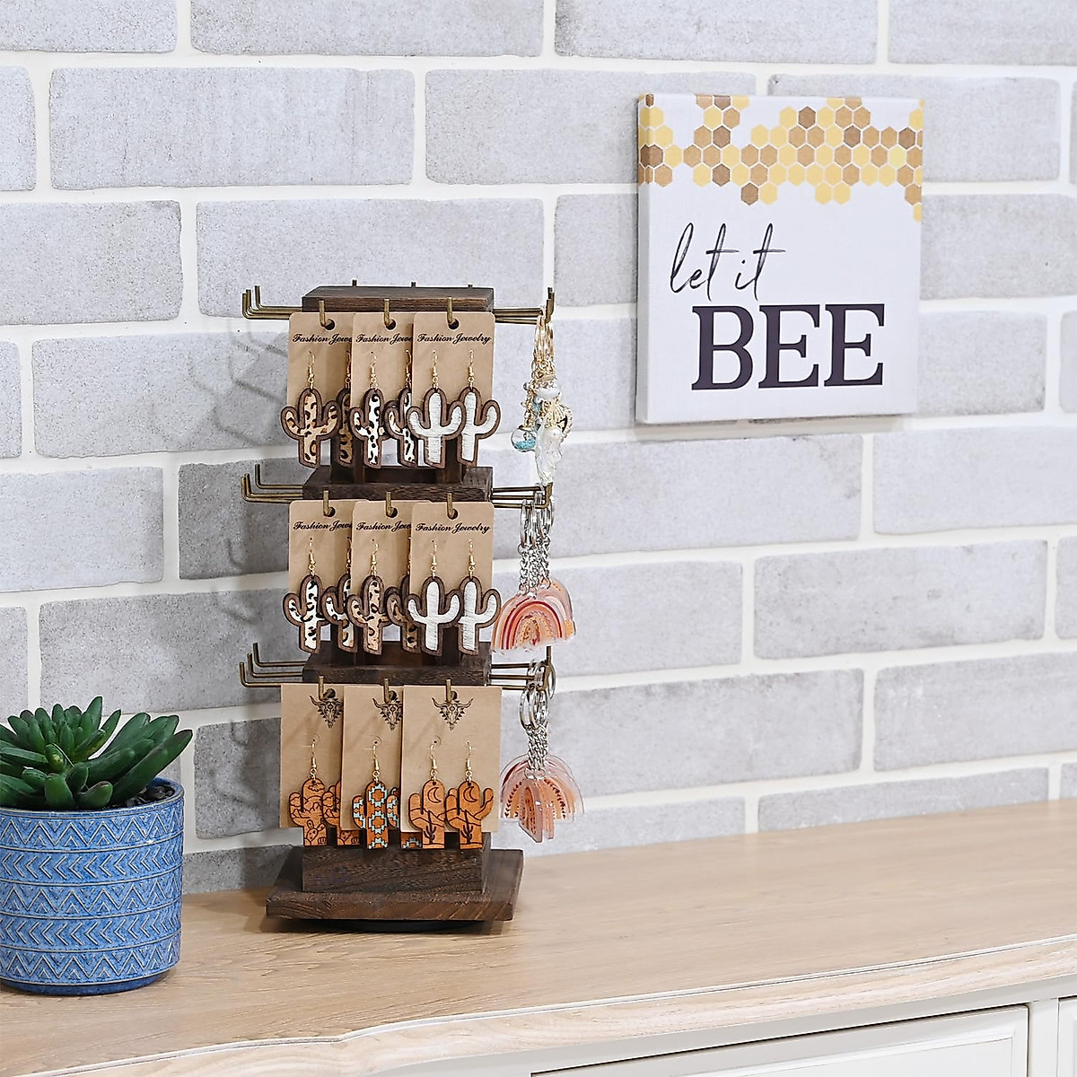 Ikee Design Elegant Wooden Rotating Jewelry Tower, 36 Hooks for Earrings, Bracelets, and Keychains, Versatile Countertop Rack for Store, Tradeshow, and Home, Brown Color