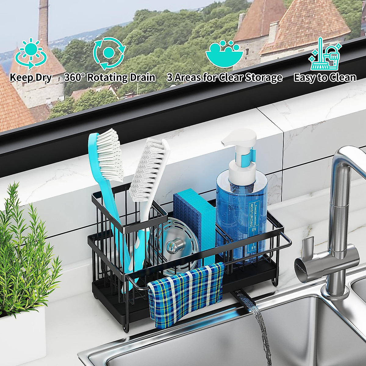 Godboat Sponge Holder for Kitchen Sink - Kitchen Sink Organizer with Brush Holder, 201 Stainless Steel, Sink Caddy with Auto-Drain, 360° Swivel Spout, Cool Gadgets for Apartment, Farmhouse and RV