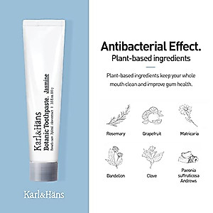 Karl&Hans Botanic Jasmine Toothpaste with Fluoride - Natural, Delicate Jasmine Mint Flavor with Rosemary and Green Tea Extracts for Fresh Breath Care and Gum Health, 3.5 oz