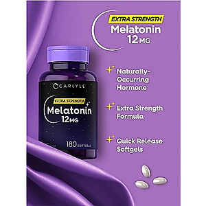 Melatonin 12 mg | 180 Softgel Capsules | Adult Extra Strength Support Supplement | Non-GMO, Gluten Free | by Carlyle