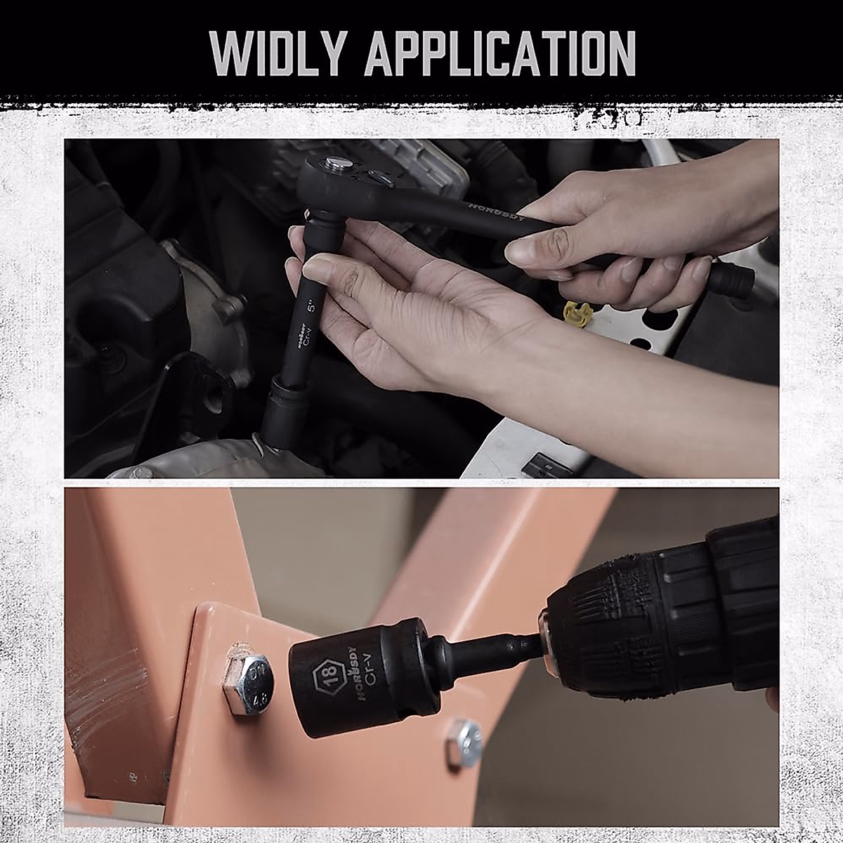 HORUSDY 1/2" Drive Impact Socket Set, 24-Piece Shallow Standard SAE (7/16"-1") and Metric (13-24mm) Size, 6 Point, Cr-V, with 1/2-Inch Drive Ratchet Handle, Drive Extension Bar