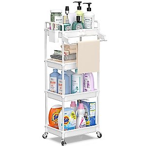 SPACEKEEPER Rolling Storage Cart, 4-Tier Bathroom Organizer Utility Cart Laundry Room Organization Mobile Shelving Unit with Towel Rack, Lockable Wheel, Hooks & Cup for Kitchen Bedroom Office, White