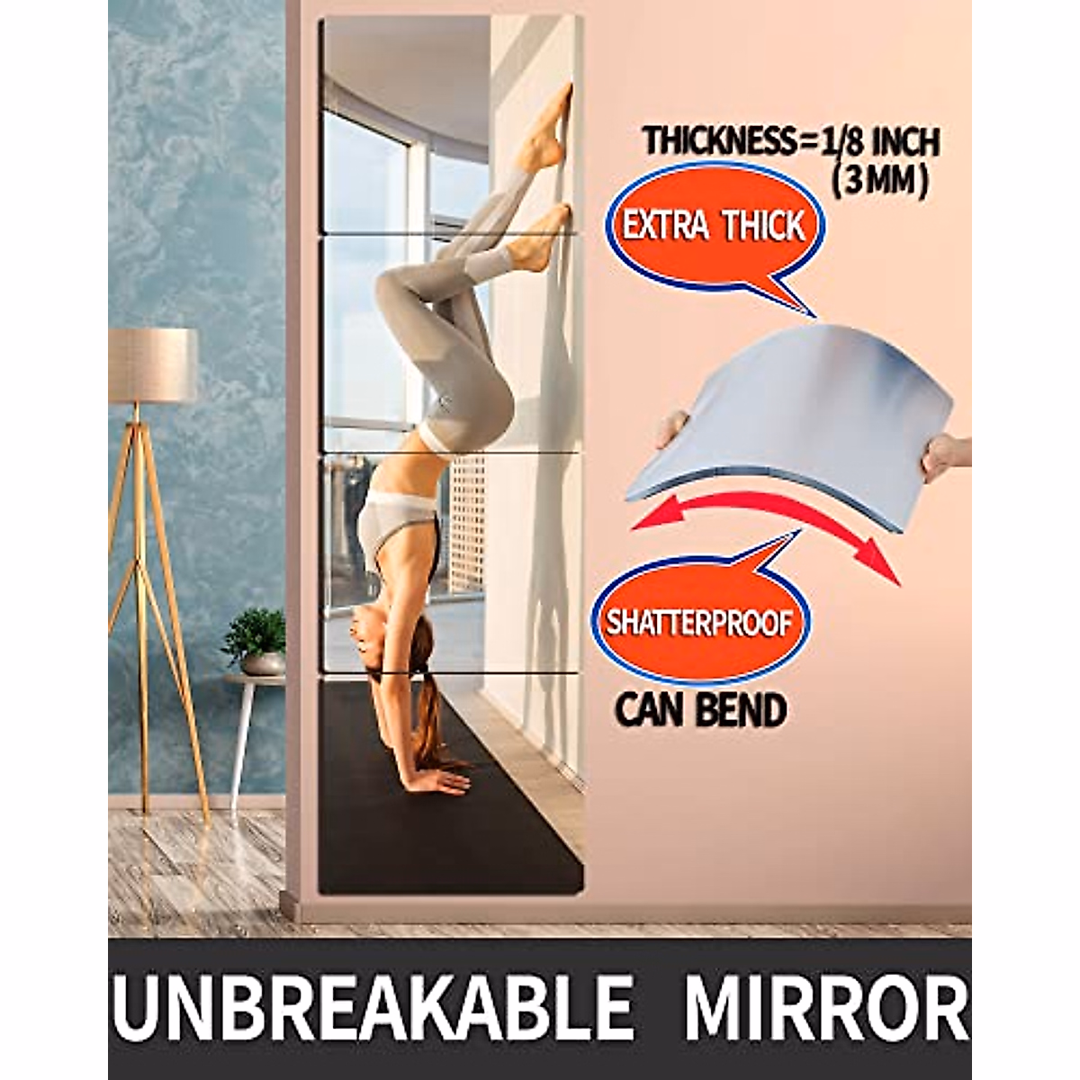 Unbreakable Acrylic Mirror Non-Glass shatterproof Mirror Full Length Wall Gym for Home Mirror Frameless Home Fitness Mirrors (4pcs,12 in x12 in ), Silver