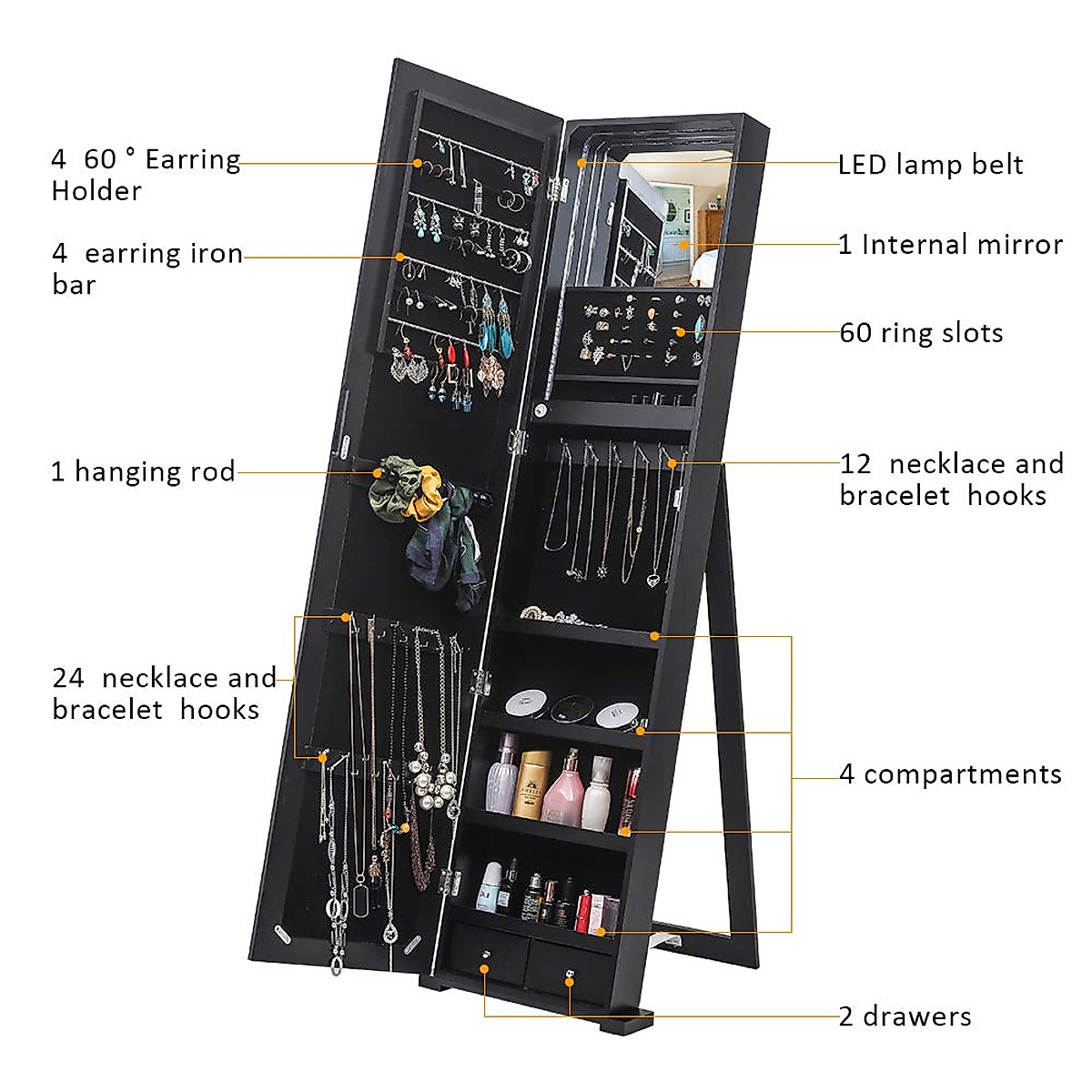 Savins gt1-DL 79 Blue Led Jewelry Cabinet, Jewelry Storage Cabinet, Upright Jewelry Cabinet With Long Mirror（Black）