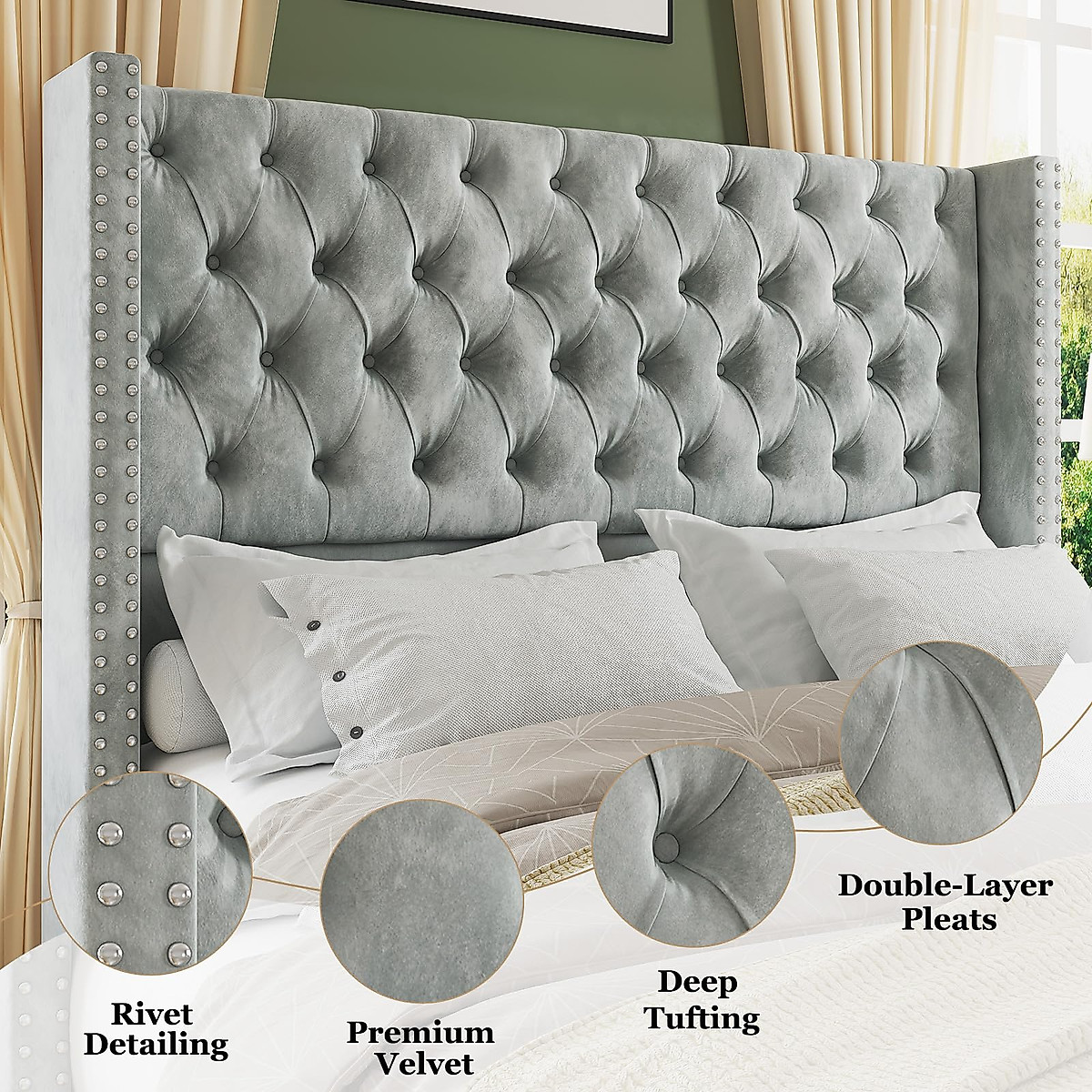 Jocisland Queen Size Platform Bed Frame Velvet Upholstered Bed with Nailhead Trim Wingback Headboard 51.6" Tall,Button Tufted, No Box Spring Needed, Light Grey