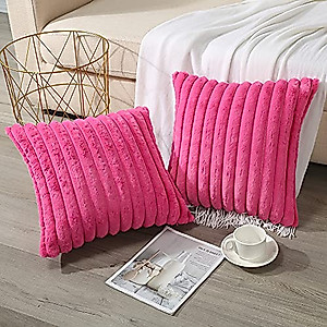 Soleebee Set of 2 Throw Pillow Covers Soft Cozy Velvet Pillowcase Faux Rabbit Fur Cover for Couch Sofa Bed Chair Home Decorative Pillows Cover (18x18 Inch, HOT Pink)