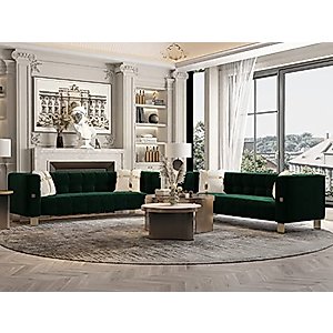 ANTTYBALE 2PCS Mid Century Modern Button Tufted Velvet Living Room Couch Loveseat Sofa with Gold Metal Legs and 2 Throw Pillows, 89 inch (2pcs Green)