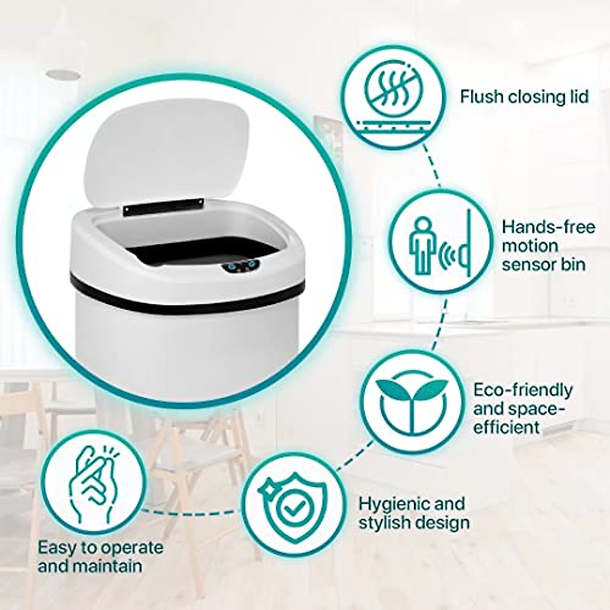 NiamVelo 13 Gallon Kitchen Trash Can Bathroom Trash Can Automatic Sensor Stainless Steel Trash Can Garbage Can with Lid by 4xC Batteries for Kitchen, Bathroom,Rest Room,Office, White