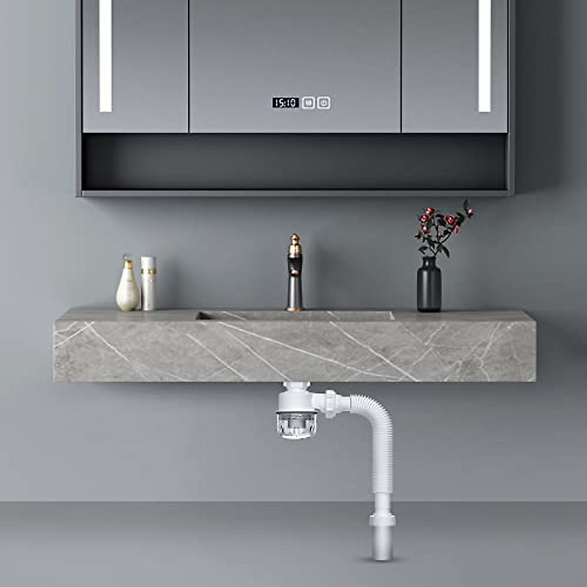 LOONGSHINET 1-1/4 Inch Bathroom Sink Drain Kit Flexible Expandable Anti-siphon Bottle Universal Sink Drain Assembly for Bathroom Tube S Trap, Bathroom Vanity Sink Drain Plumbing P Trap Pipe, White