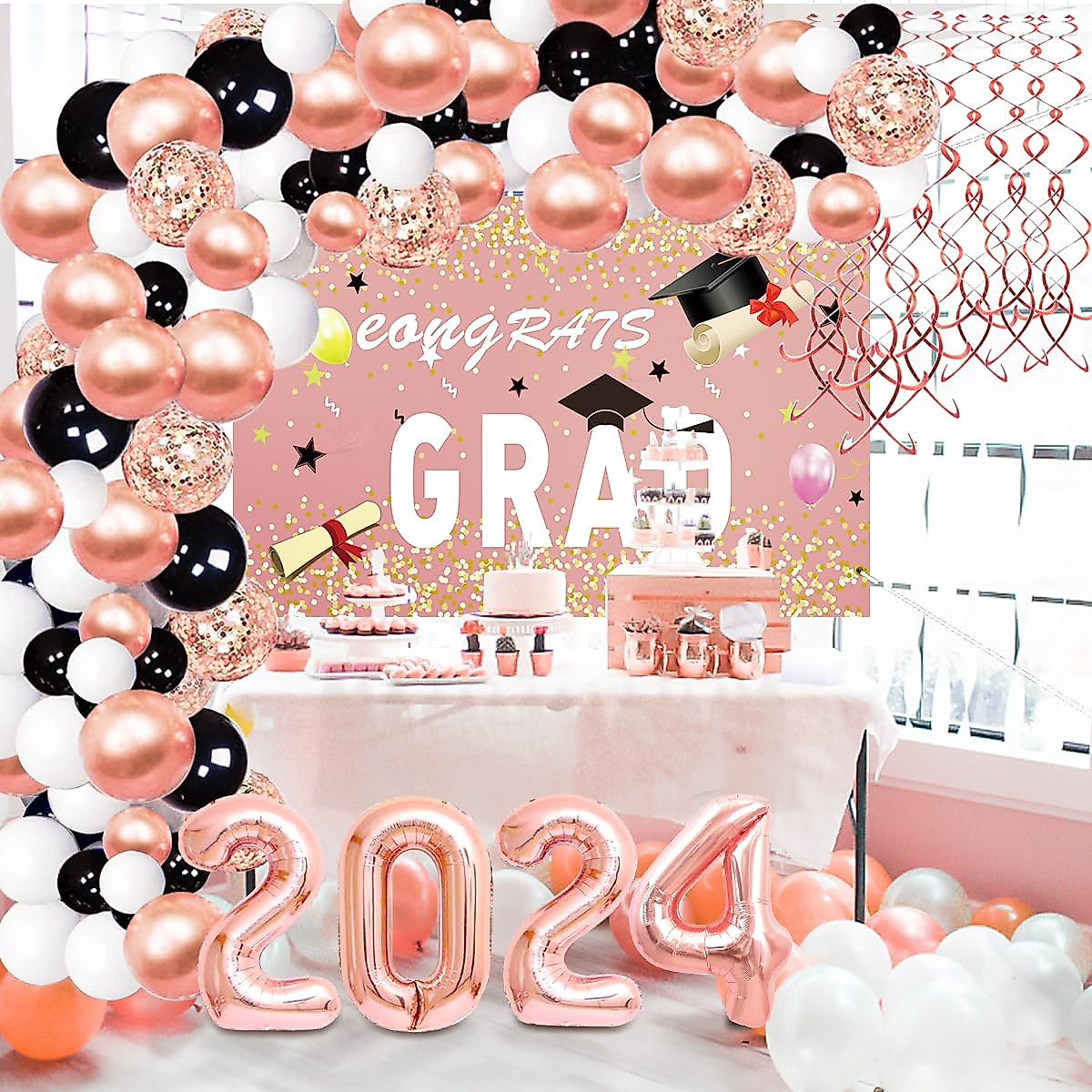 Graduation Decorations 2023 - Rose Gold Graduation Party Supplies Including Grad Banner, Graduation Backdrop, Hanging Swirls, Grad Balloons Garland Kit, and Photo Booth Props for Grad Decor | Pink