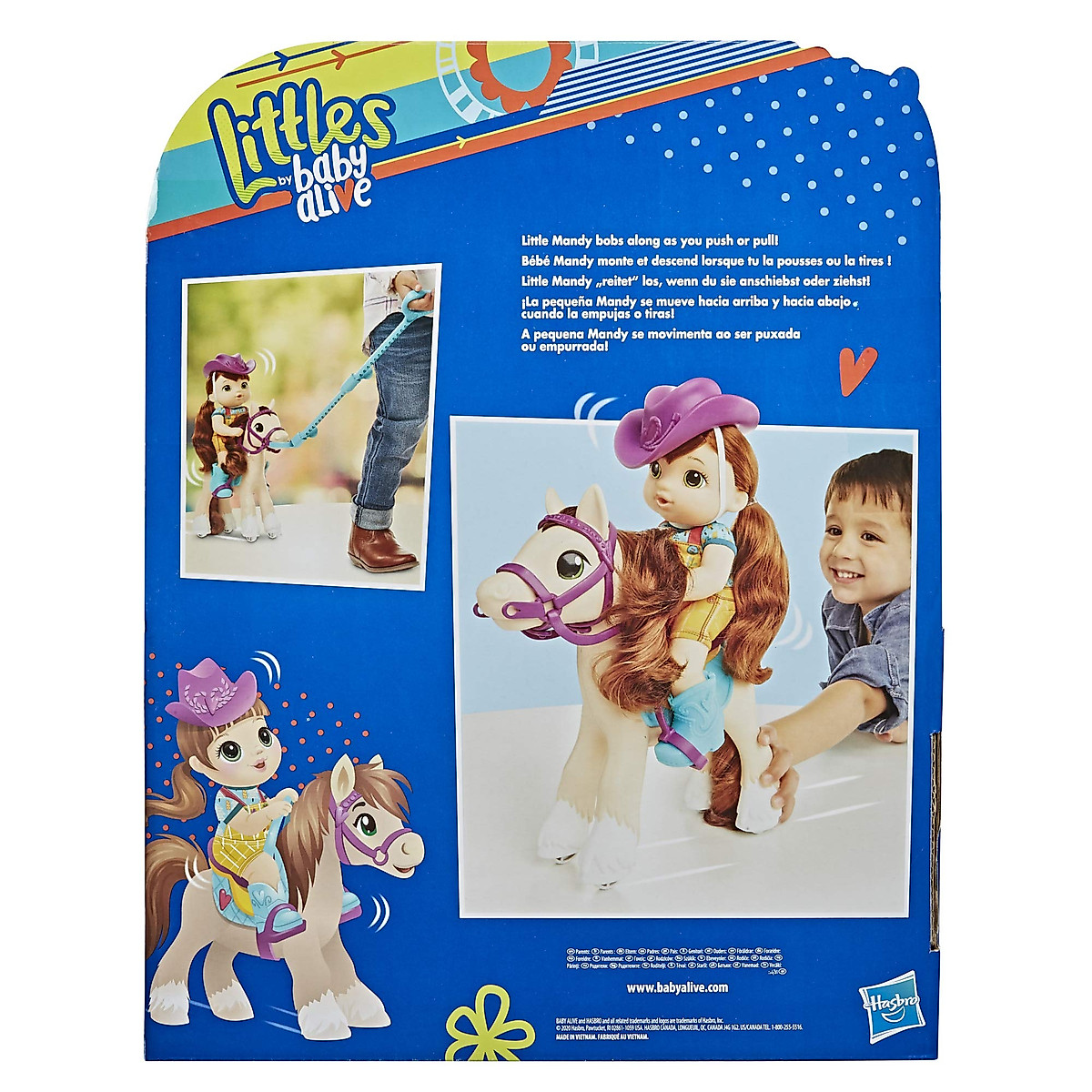 Baby Alive Littles, Lil’ Pony Ride, Little Mandy Doll and Pony with Push-Stick, Accessories, Brown Hair Toy for Kids 3 Years Old and Up