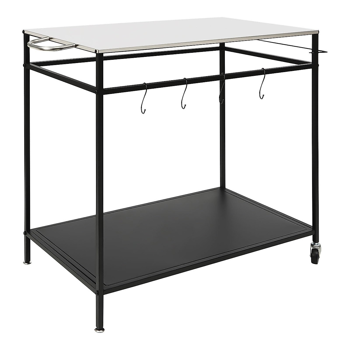 Gagalayong Double-Shelf Movable Outdoor Grill Cart Pizza Oven Stand, Multifunctional Kitchen Food Prep Table with Drawer, Black Solid Steel Dining Worktable on 4 Wheels & Seasoning Tray