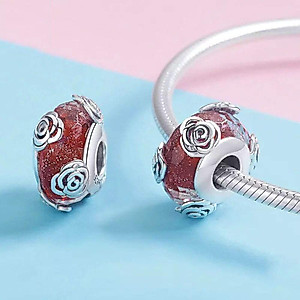 Murano Glass Charms Bead Sterling Silver Core for European Charm Bracelets Flower … (Rose Glass Charm)