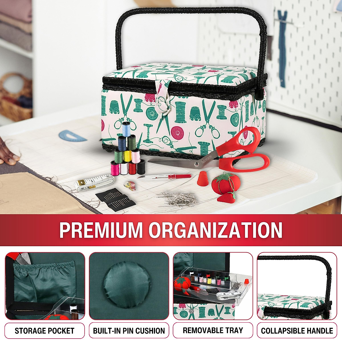 SINGER 07271 Basket with Sewing Notions Kit & Removable Tray-Vintage Spools, Tan