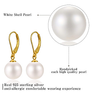 Esberry 925 Sterling Shell Pearl Silver Earrings 6-12mm Handpicked White Shell Pearl Drop Leverback Earrings for Women and Girls