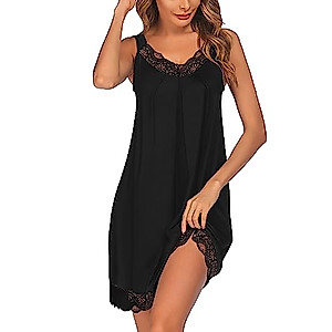 Ekouaer Sleep Gown Women Chemise V Neckline Lace-Trimmed Nightgown Scalloped Hem Cotton Nightwear Sleeping Skirt A-black