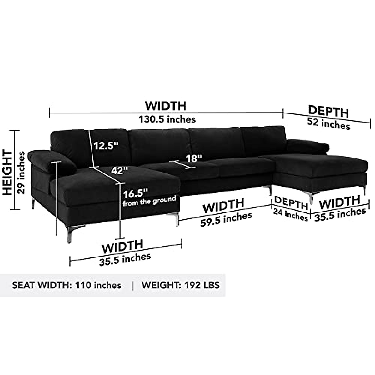 Casa AndreaMilano Modern Large Velvet Fabric U-Shape Sectional Sofa, Double Extra Wide Chaise Lounge Couch