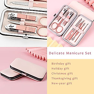Pink Manicure Set Beauty Tool Portable - Nail Clipper Pedicure Grooming Kit Stainless Steel 7 in 1 Luxury Leather Travel Case, for Woman Girl Home Travel Gift Giving