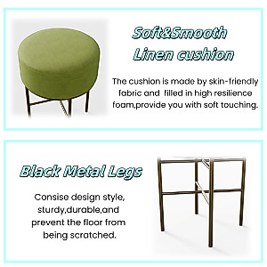Cute Vanity Chair, Small Makeup Vanity Stool Set of 2, Linen Upholstered Stool Chair for Desk, Modern Round Foot Stools Ottoman with Gold Legs for Girls Makeup Room Living Room Bedroom (Green, 14.9")