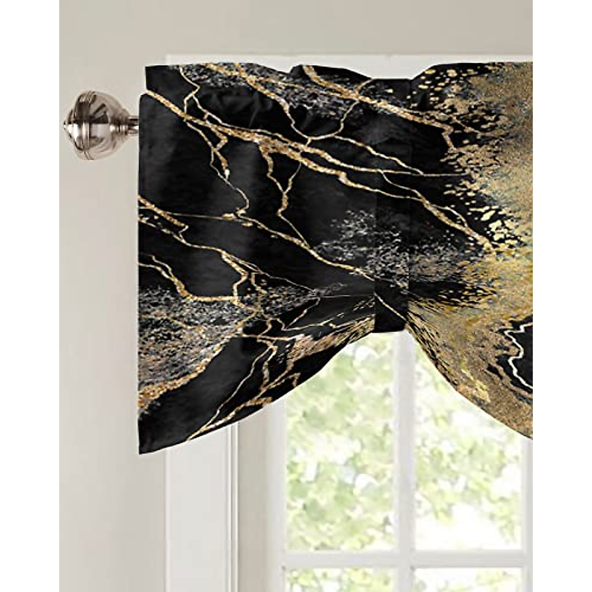 SIGOUYI Kitchen Curtains, Black White Gold Marble Valances for Windows, Short Curtains Rod Pocket Bathroom Curtains Window, Kitchen Window Curtains Over Sink, 60x18in Valances for Kitchen
