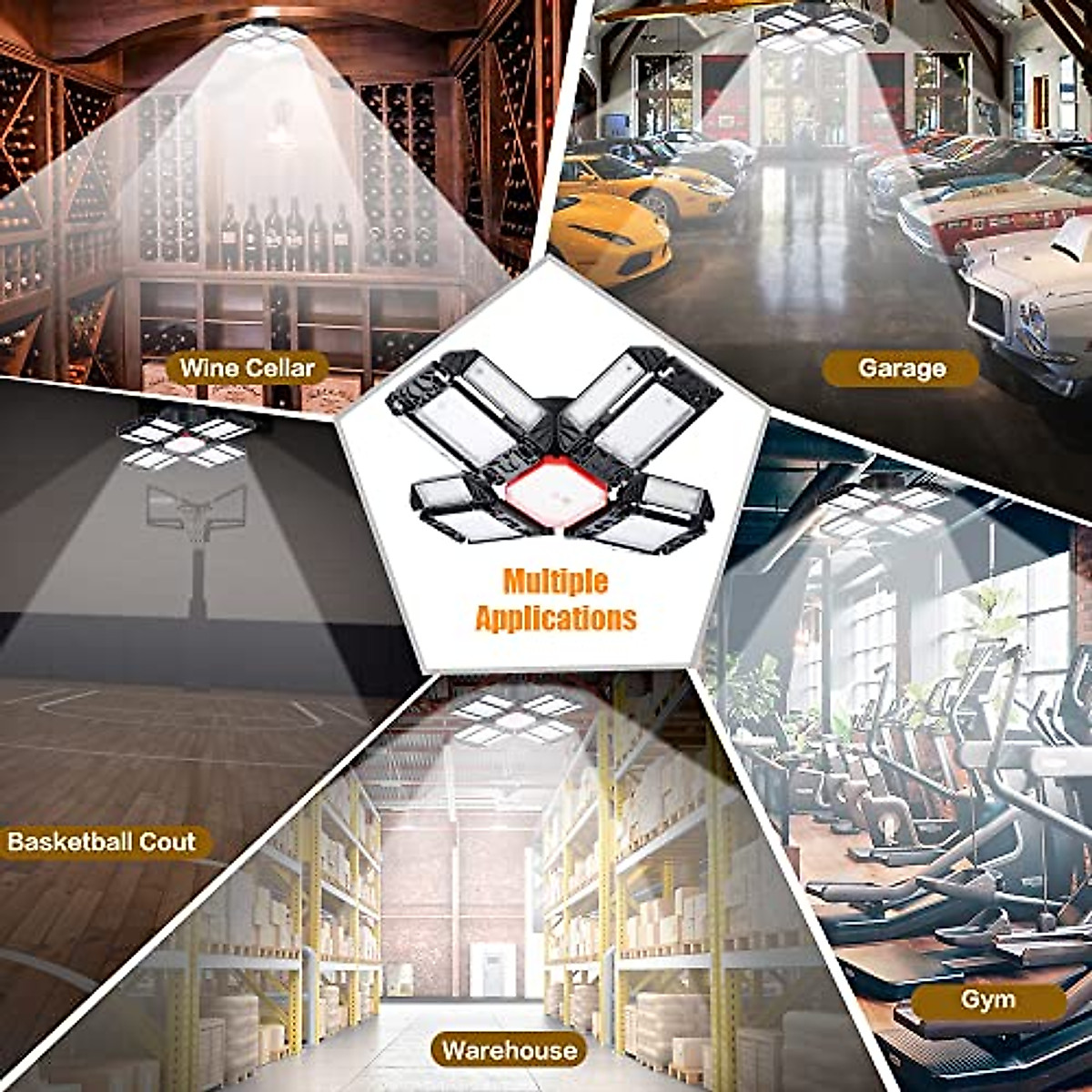 180W Upgraded LED Garage Lights 2-Pack - 20000LM 6500K Deformable Ceiling Lighting Fixture with 12 Adjustable Panels 228 LED Lamp Bead Light - E26/E27 Bay Light for for Garage, Workshop, Basement