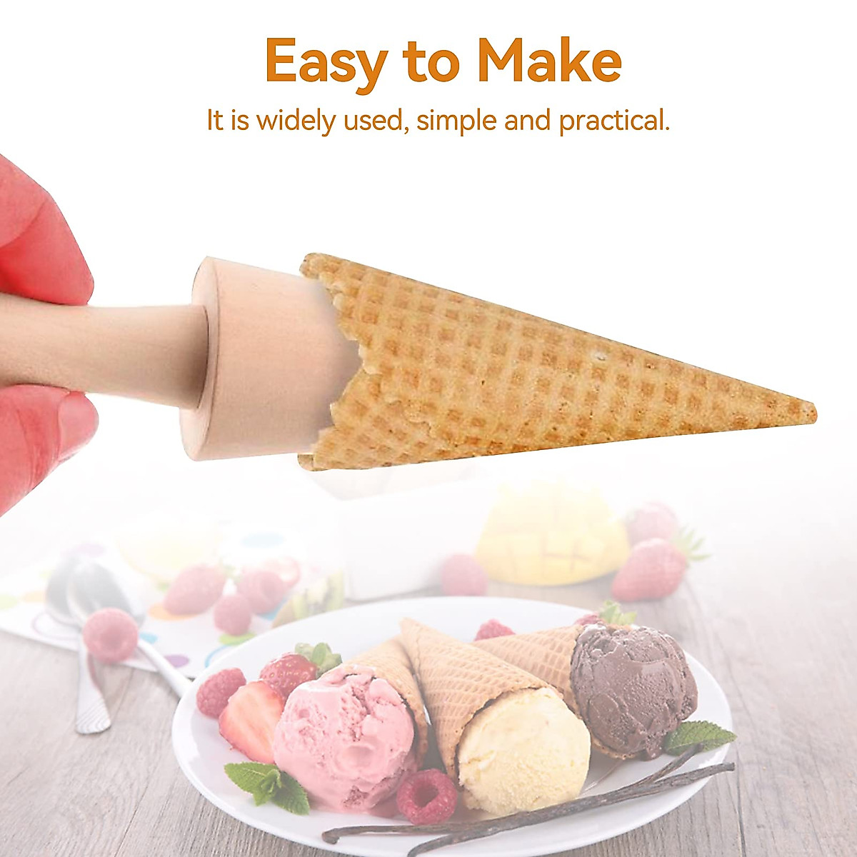 2PCS Pizzelle Roller, Ice Cream Cone Mold Cone Roller for DIY Pastry Dessert Cooking Kitchen Tool Decorating Baking Accessory Wooden