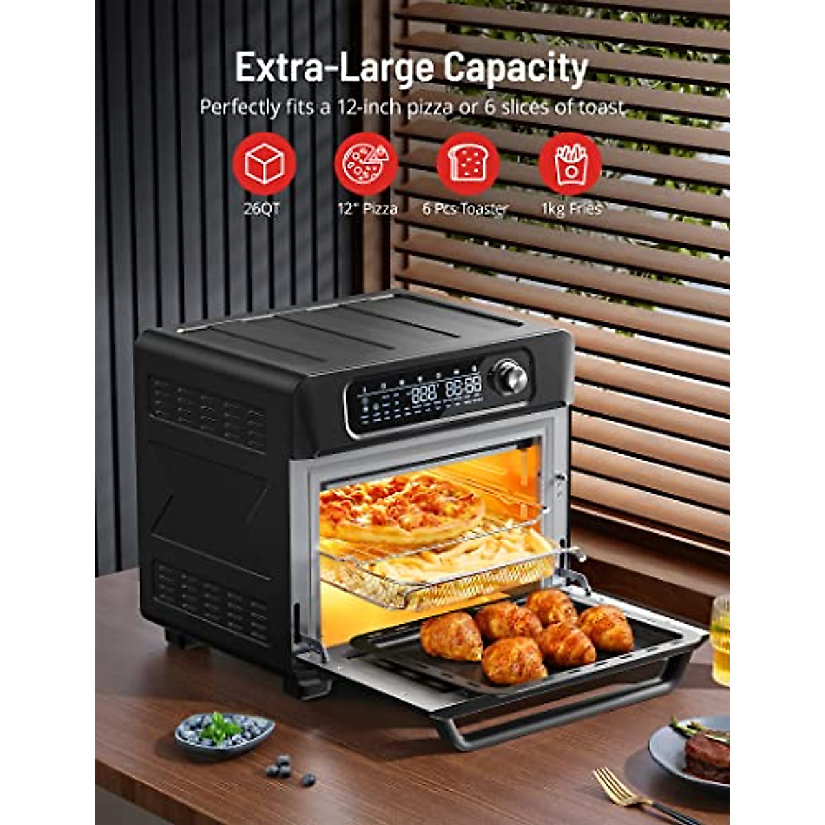 Air Fryer Toaster Oven Combo, Paris Rhône 24-in-1 Countertop Convection Ovens, 26QT Large Rotisserie Cooker with Led Digital Touchscreen, Sensitive Knob, Basket, Rack Tray, Cookbook and Magnet Menu