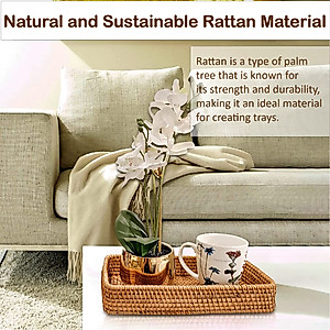 Real Handwoven Rattan Tray with Handmade Wooden Beads Garland, Decorative Tray, Coffee Table Tray or Bathroom Tray, Ottoman Tray Ideal for Home Decoration, Rectangular Serving Tray, Wicker Tray