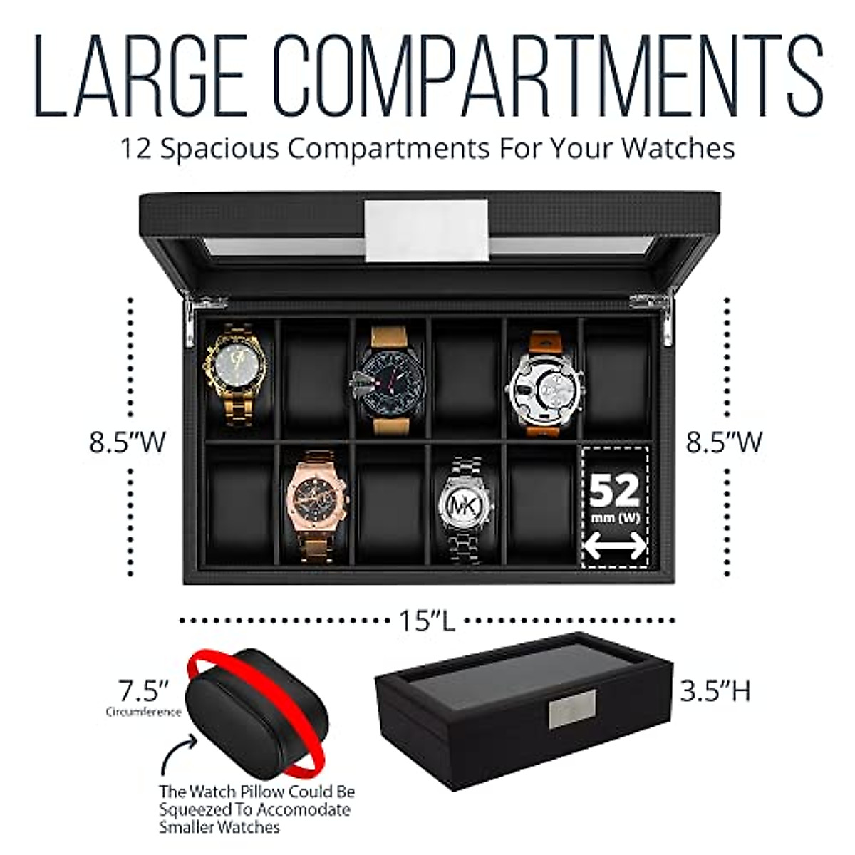 Glenor Co Watch Box for Men - 12 Slot Luxurious & Masculine Carbon Fiber Textured Watch Case, Sturdy Hinges, Large Watch Holder, Glass Top Watch Organizer for Men - Metal Accents - Black