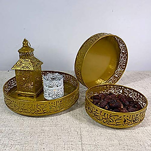 ABOOFAN 3Pcs Ramadan Eid Plate Iron Serving Tray Eid Ramadan Platter Round Candy Dish Snacks Dessert Holder Ramadan Mubarak Eid Party Supplies