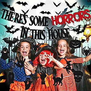 44 PCS Halloween Party Decorations There's Some Horrors In This House Banner 3D Bats Wall Decor Horrible Ghost Pumpkin Witch Spider Tumbstone Cat Hand Theme Hainging Swirl for Girl Boy Party Supplies