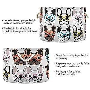 ALAZA Round Storage Basket Bin Cute Glasses French Bulldog Collapsible Waterproof Laundry Hamper Baby Nursery Basket Organizer with Handles for Bedroom Closet Toys Gifts